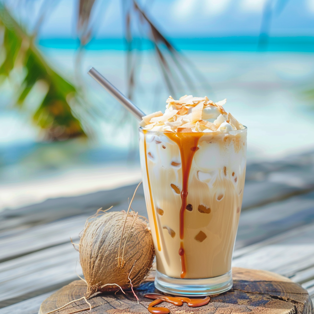 Taste Our Coconut Caramel Iced Latte Recipe - A Tropical Getaway in Ev
