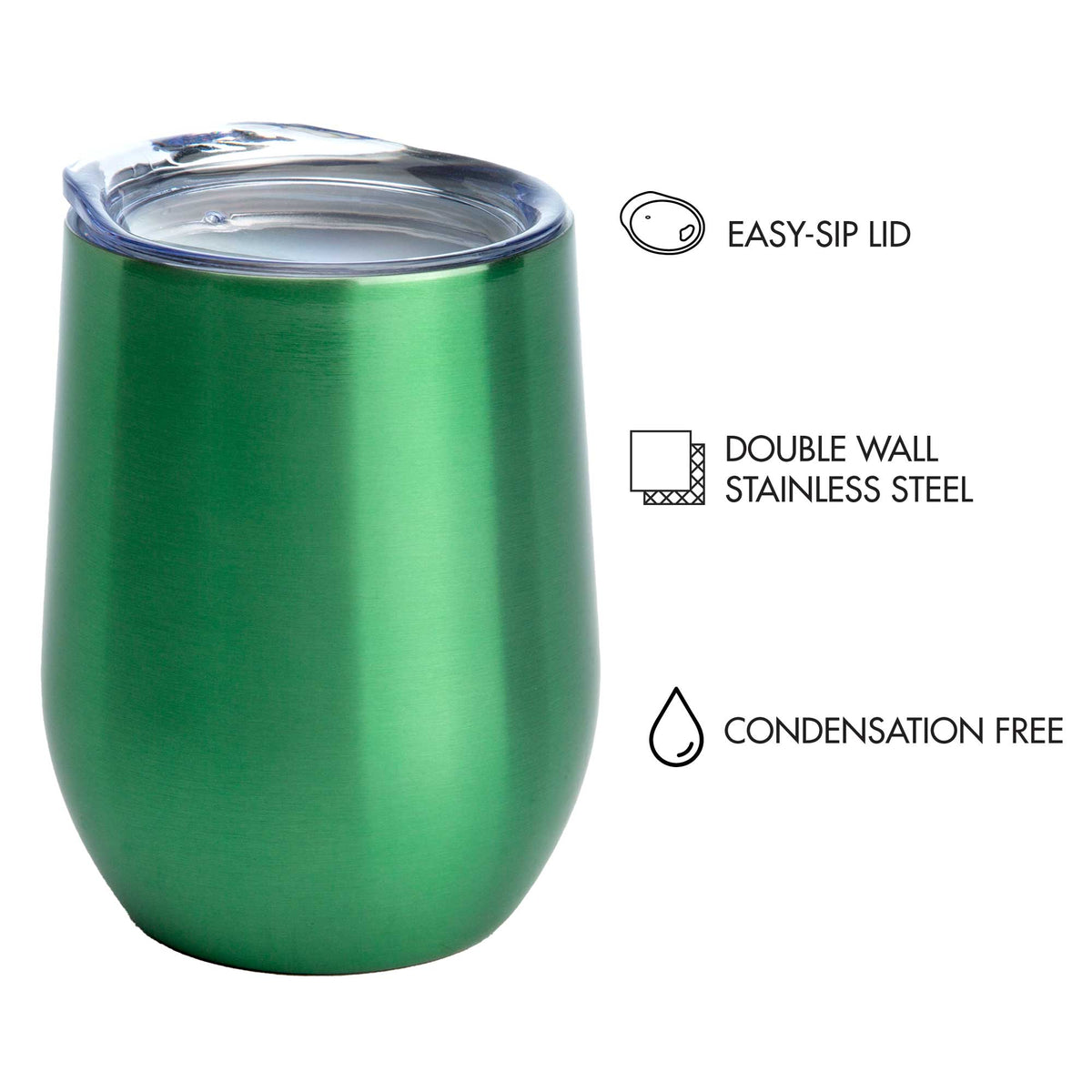 Stemless Wine Cup, 12 oz, Double Wall Stainless Steel with Easy-Sip Li
